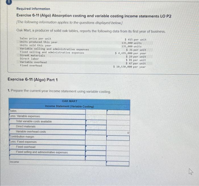 Solved Required information Exercise 6-11 (Algo) Absorption | Chegg.com