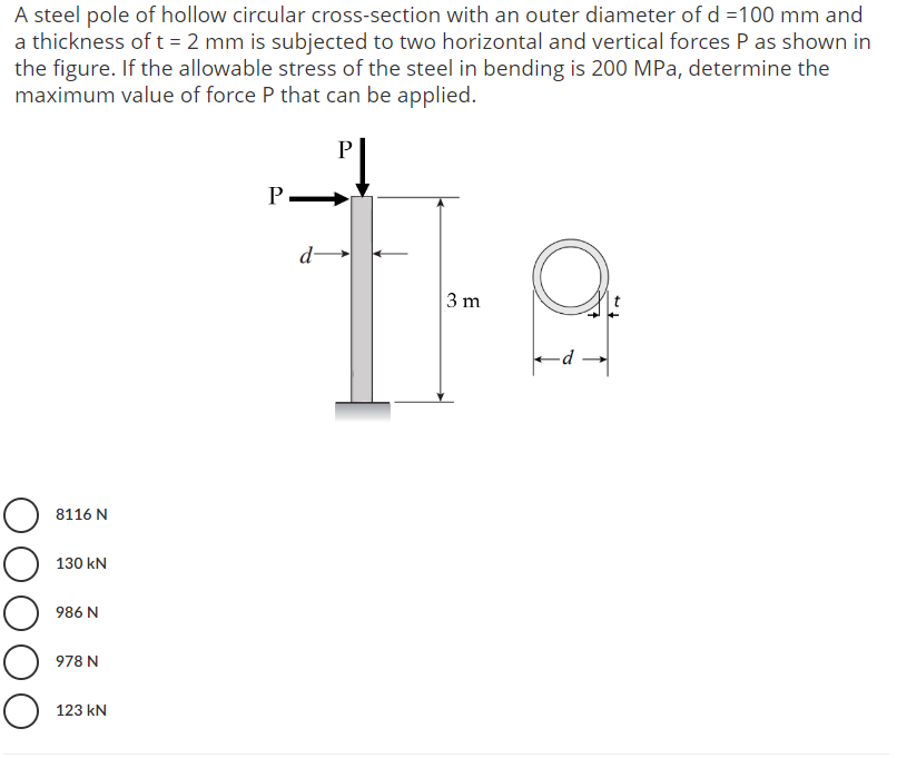 Solved A steel pole of hollow circular cross-section with an | Chegg.com