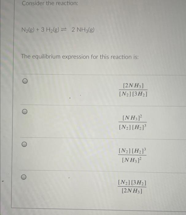 Solved Consider the reaction: N2( g)+3H2( g)⇌2NH3( g) The | Chegg.com