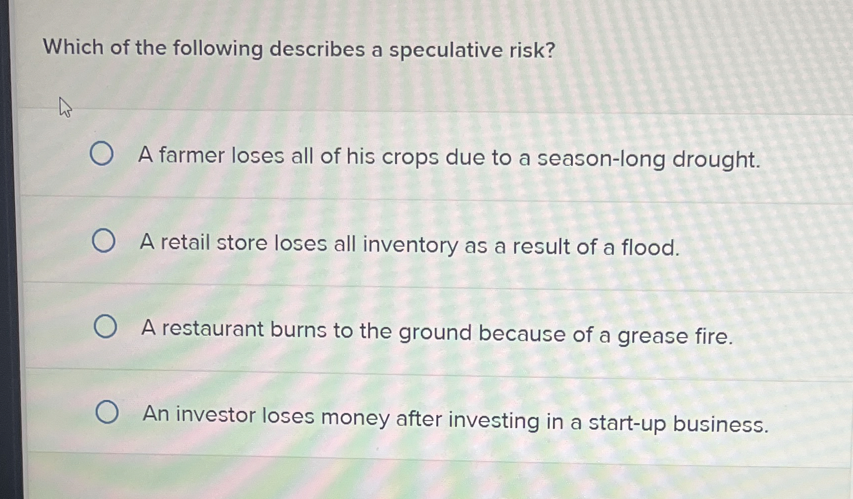 Solved Which of the following describes a speculative risk?A | Chegg.com