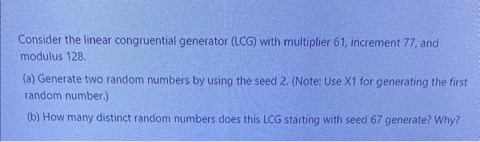 Solved Consider the linear congruential generator (LCG) with | Chegg.com