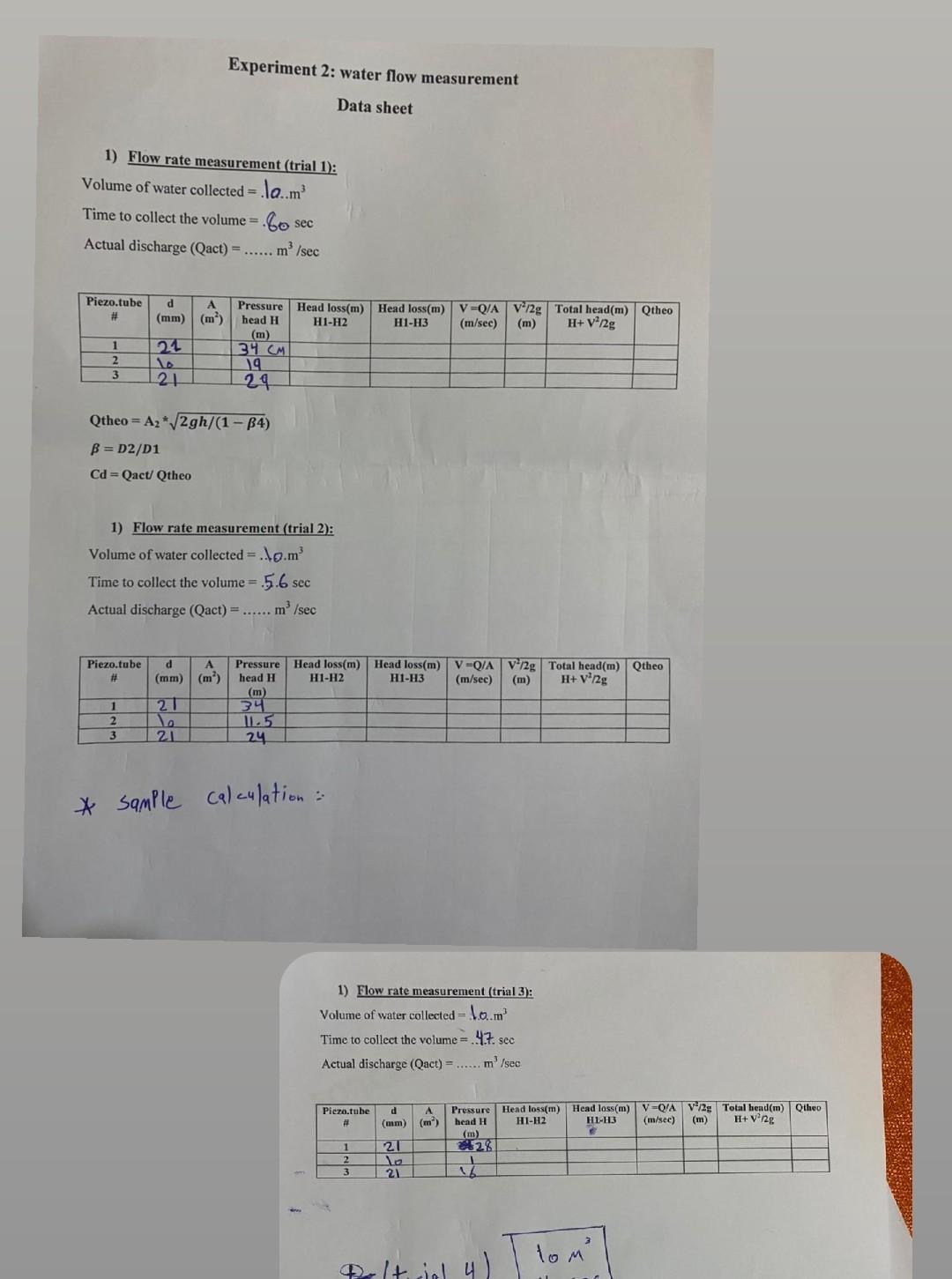 Solved Experiment 2: water flow measurement Data sheet 1) | Chegg.com
