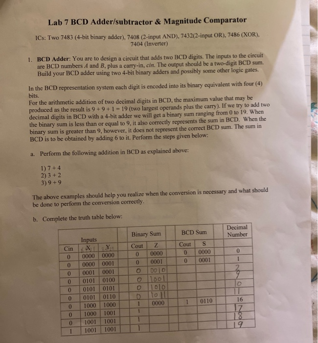 Solved Lab 7 BCD Adder/subtractor & Magnitude Comparator | Chegg.com