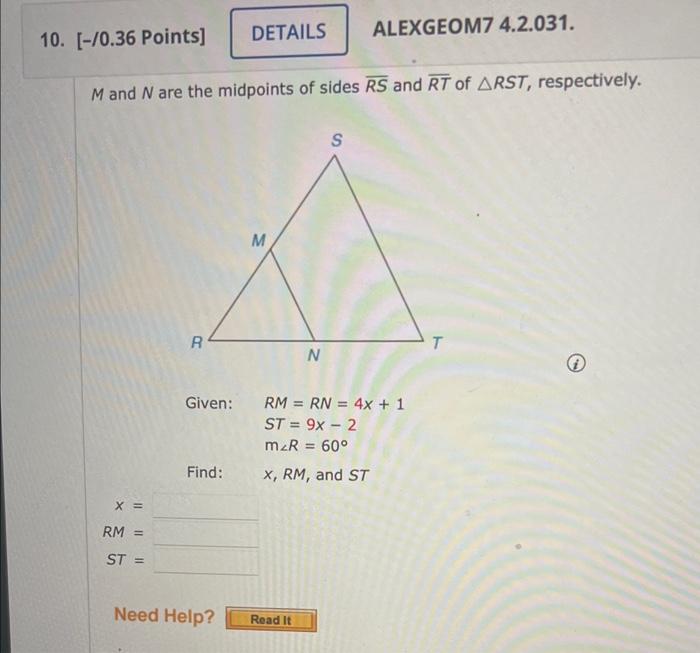Solved M and N are the midpoints of sides RS and RT of RST, | Chegg.com