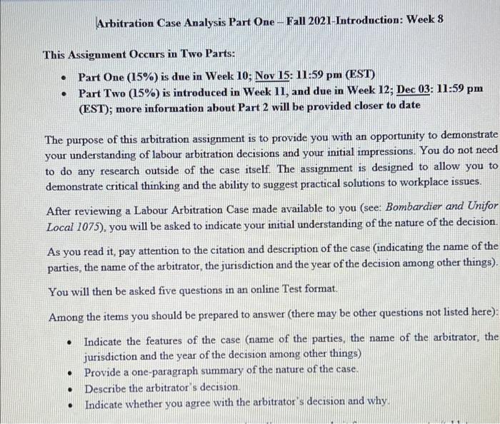 Arbitration Case Analysis Part One-Fall | Chegg.com