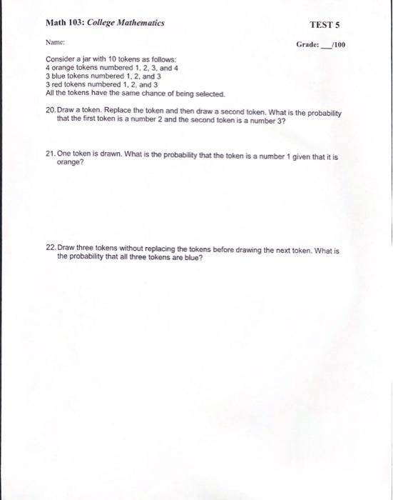 Solved Math 103: College Mathematics TEST 5 Name Grade:_1100 | Chegg.com