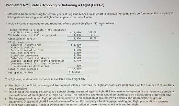 Solved Problem 13-21 (Static) Dropping or Retaining a Flight | Chegg.com