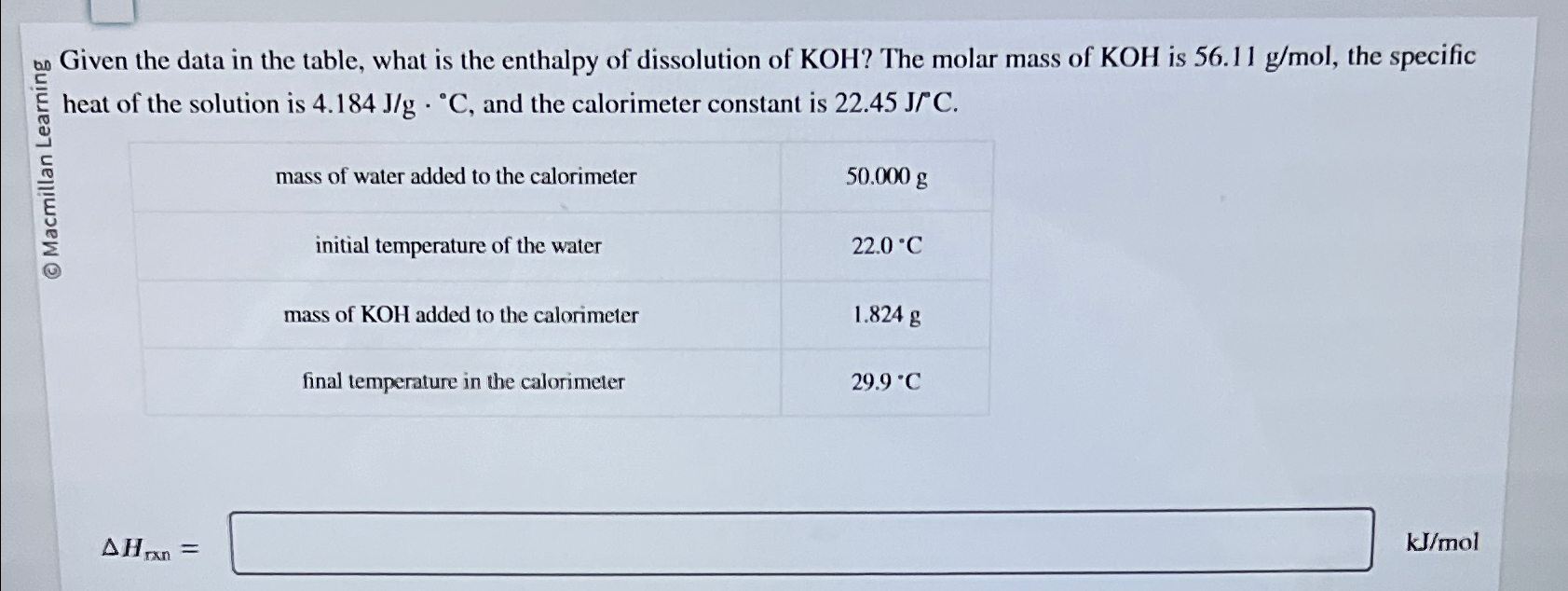 Solved no Given the data in the table, what is the enthalpy | Chegg.com