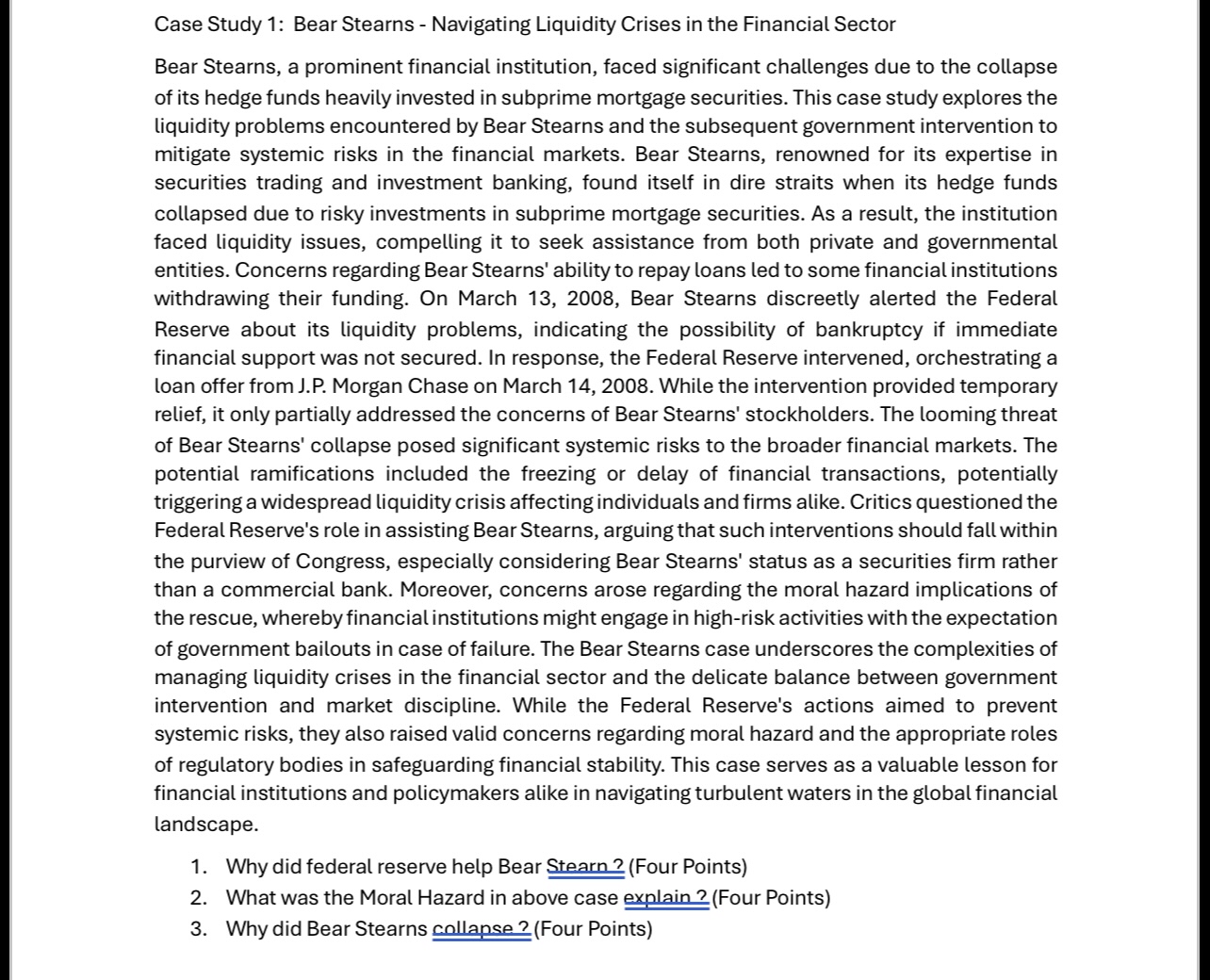 Solved Case Study 1: Bear Stearns - ﻿Navigating Liquidity | Chegg.com