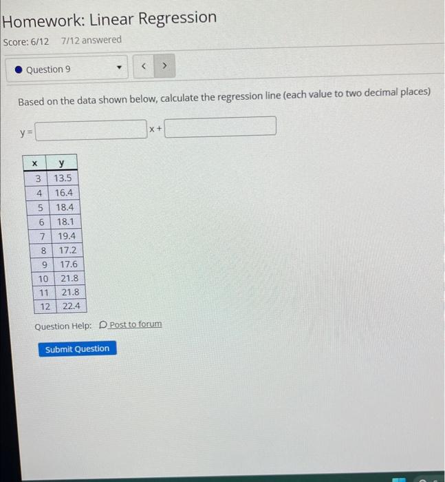 Solved Homework: Linear Regression Score: 6/127/12 answered | Chegg.com