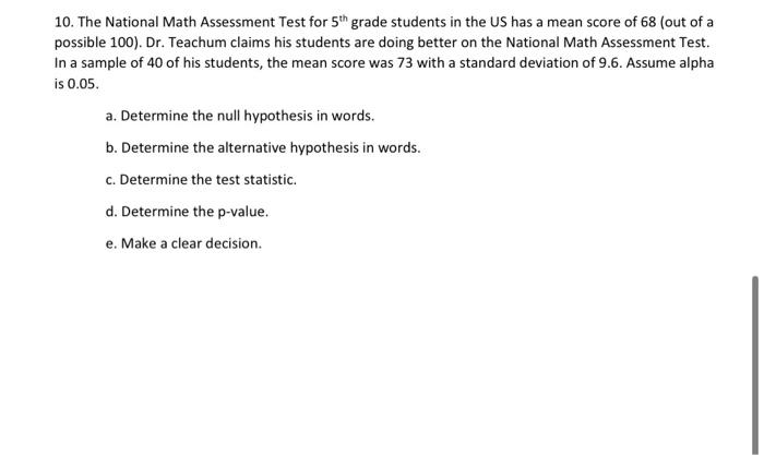 Solved 10. The National Math Assessment Test for 5th grade | Chegg.com
