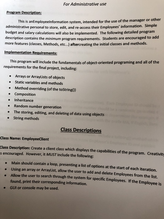 For Administrative use Program Description: This is | Chegg.com