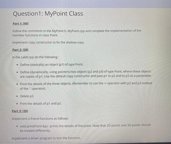 Solved Question1: MyPoint Class Part 1: [60] Follow the | Chegg.com