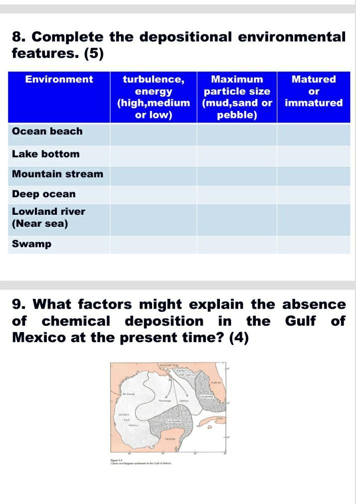 Solved 8. Complete the depositional environmental features. | Chegg.com