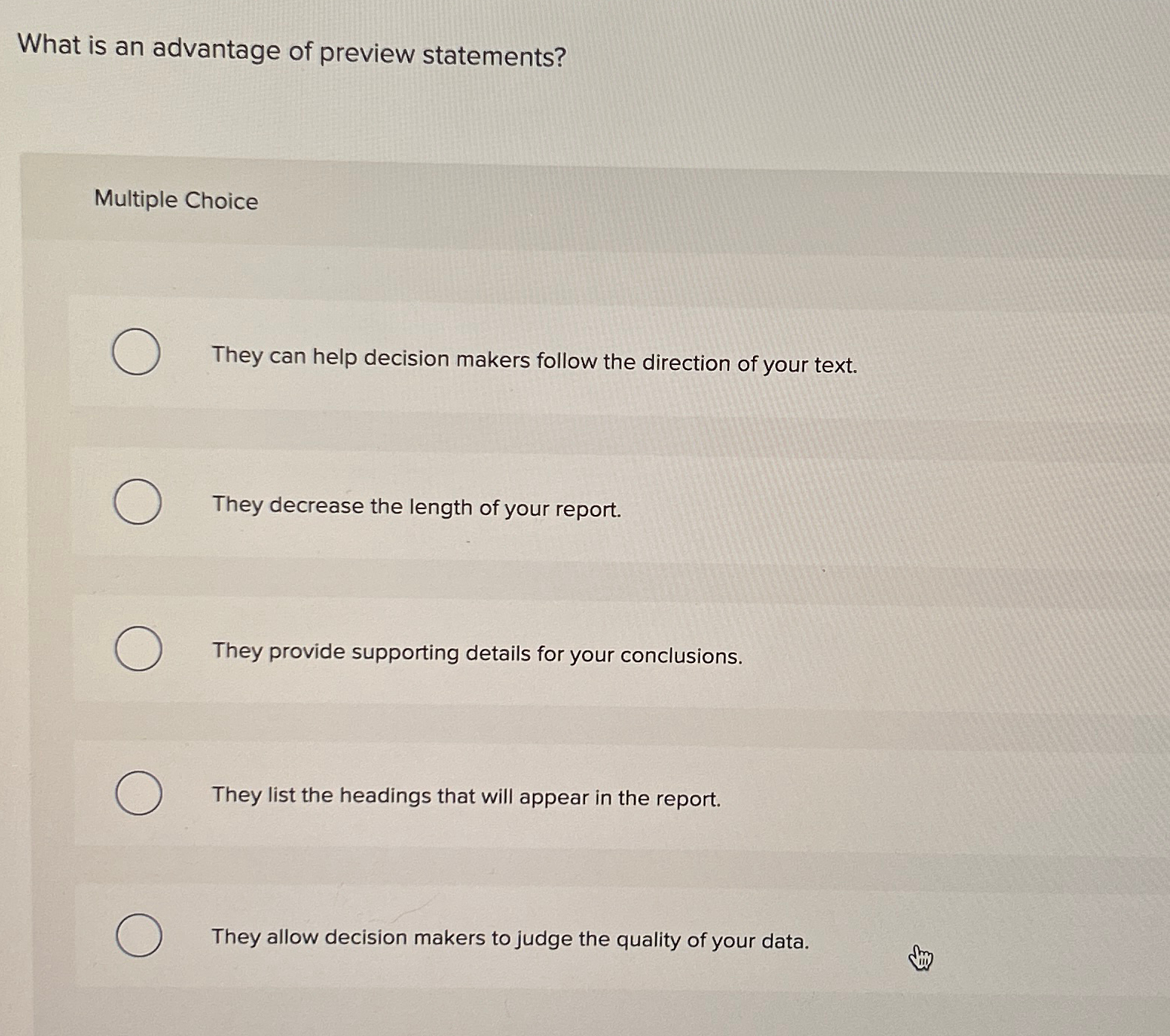 Solved What is an advantage of preview statements?Multiple | Chegg.com