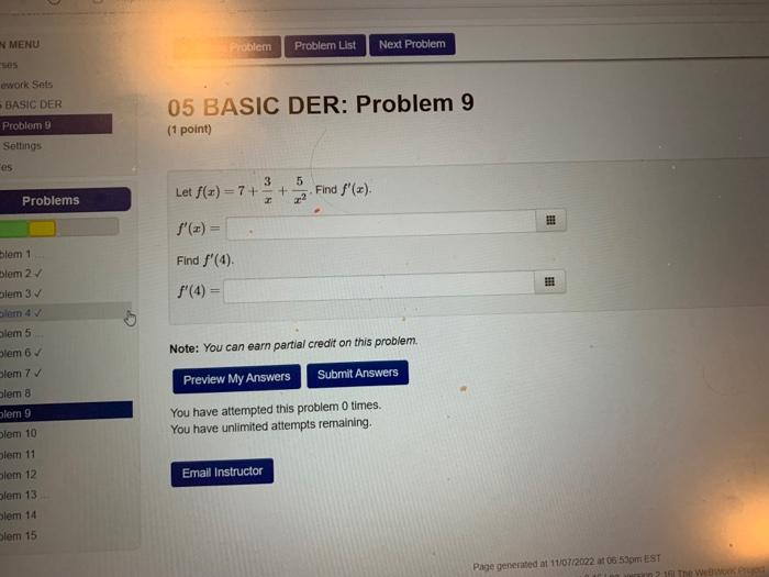 Solved 05 BASIC DER: Problem 9 (1 point) Let f(x)=7+x3+x25. | Chegg.com