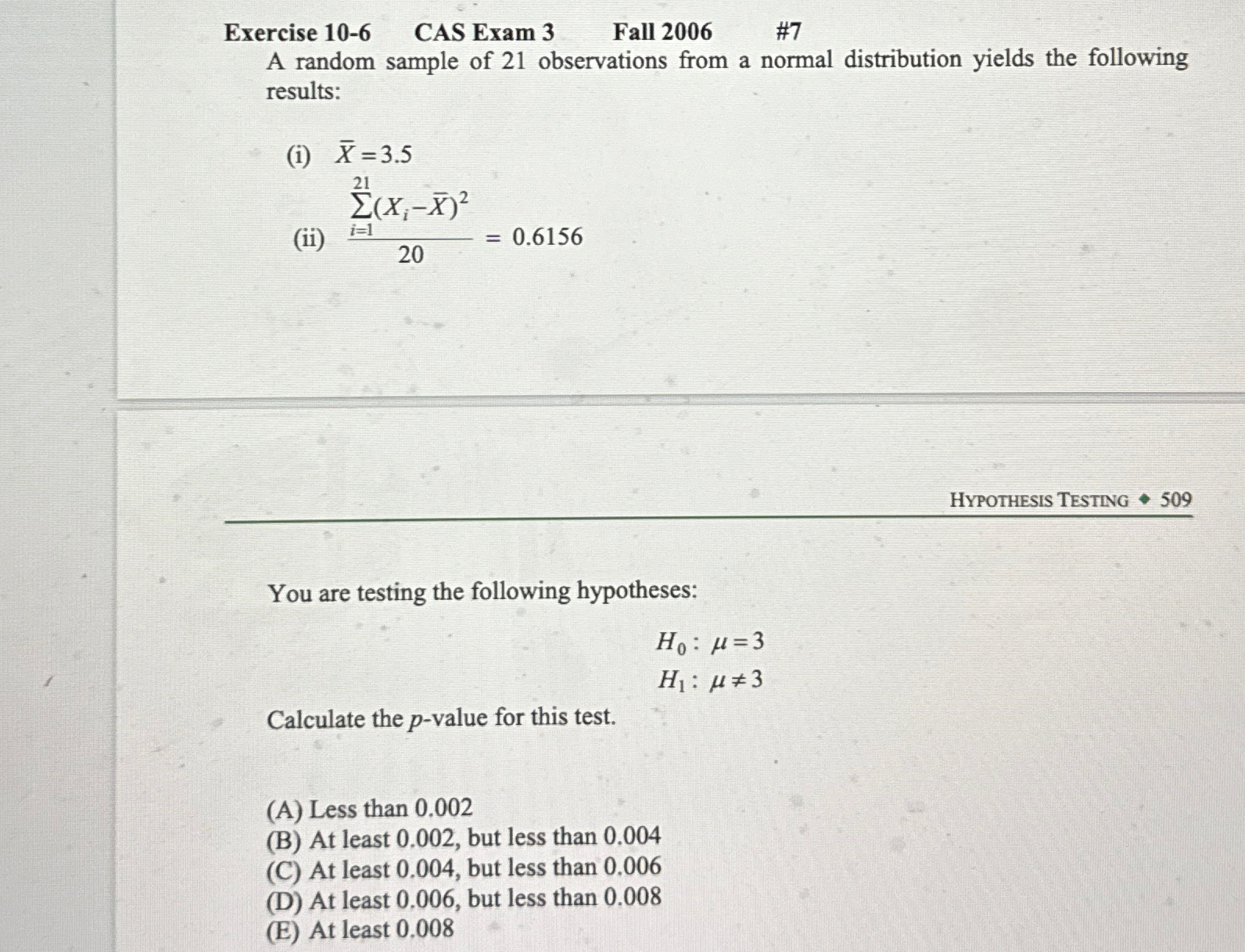 Solved Exercise 10-6CAS Exam 3Fall 2006#7A random sample of | Chegg.com