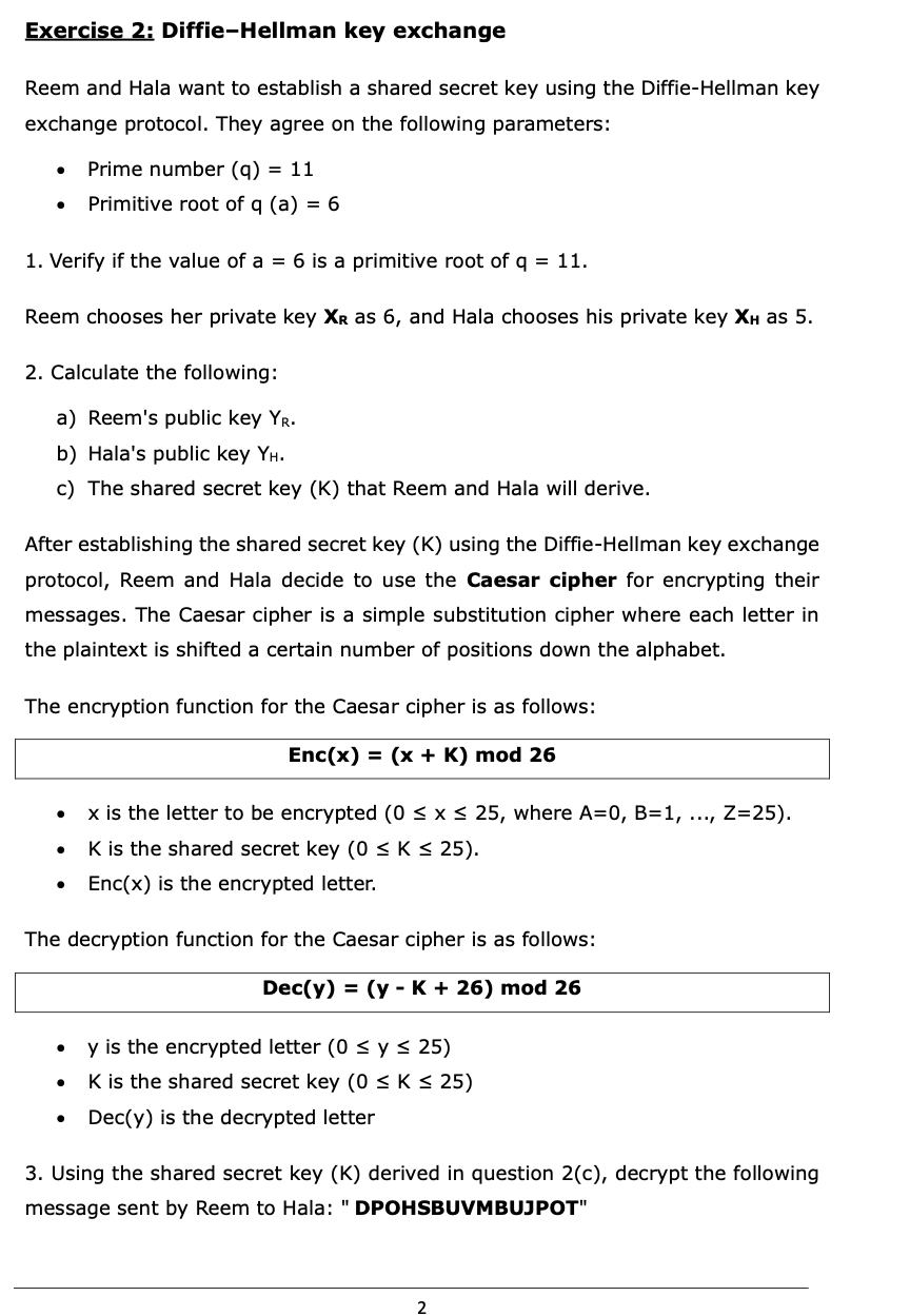 Exercise 2: Diffie-Hellman key exchangeReem and Hala | Chegg.com