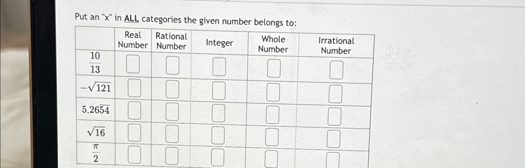 Solved Put an " x " ﻿in ALL categories the given number | Chegg.com