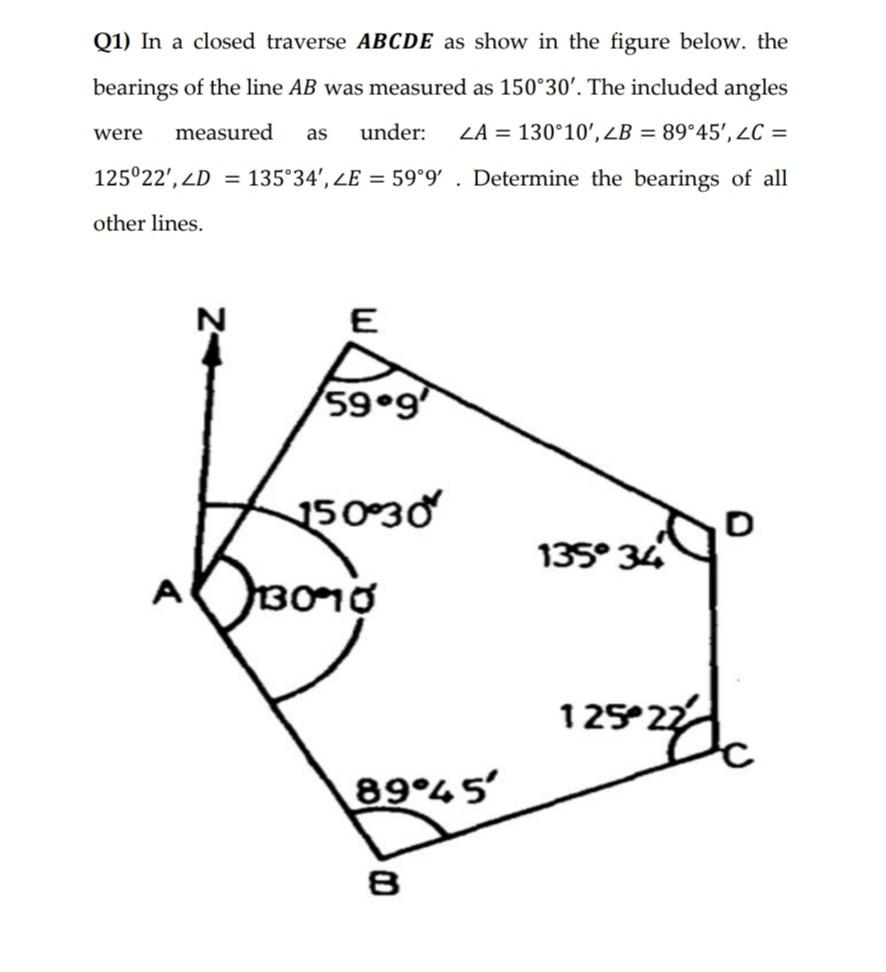 Solved Q1) In a closed traverse ABCDE as show in the figure | Chegg.com