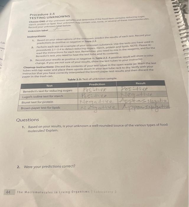 Solved Procedure 2.5 TESTING UNKNOWNS Record your unk nown | Chegg.com