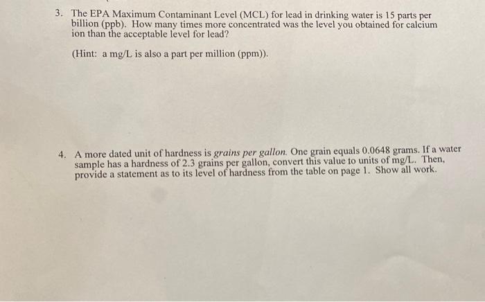 Solved 3. The EPA Maximum Contaminant Level (MCL) for lead | Chegg.com