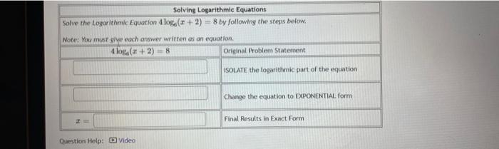 Solved Solving Logarithmic Equations Solve the Logar ithimic | Chegg.com