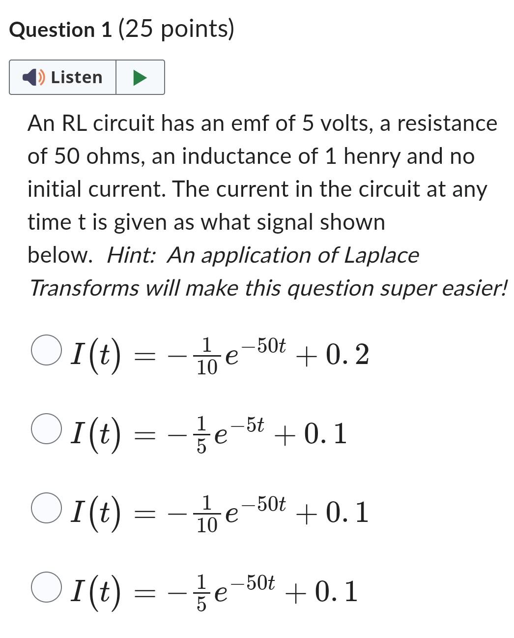 Solved An RL circuit has an emf of 5 volts, a resistance of | Chegg.com
