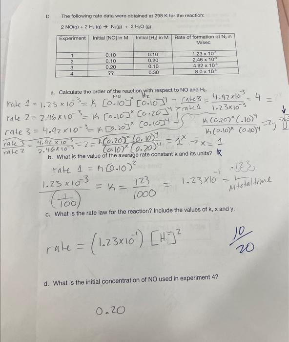 Solved D. The following rate data were obtained at 298 K for | Chegg.com