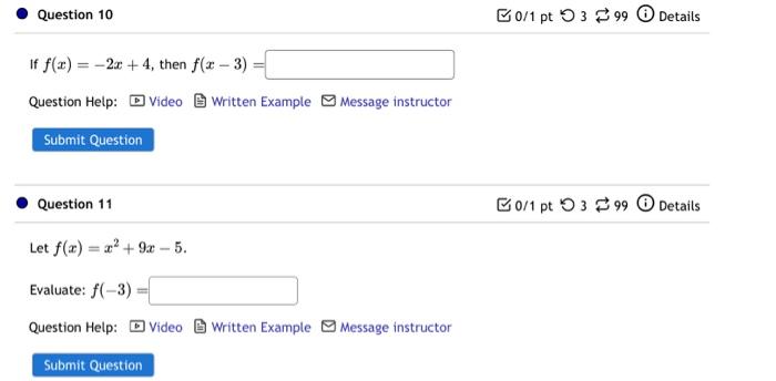 Solved If f(x)=−2x+4, then f(x−3)= Question Help: 回 Video 目 | Chegg.com