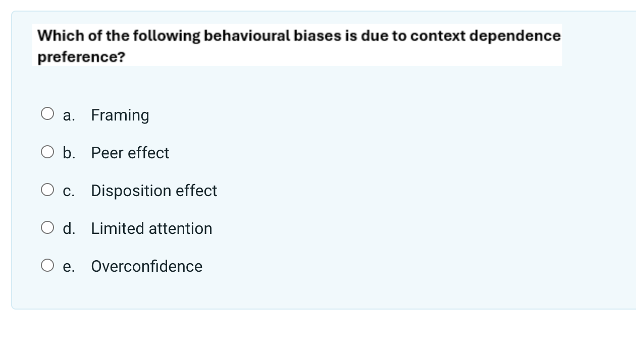 Solved Which of the following behavioural biases is due to | Chegg.com