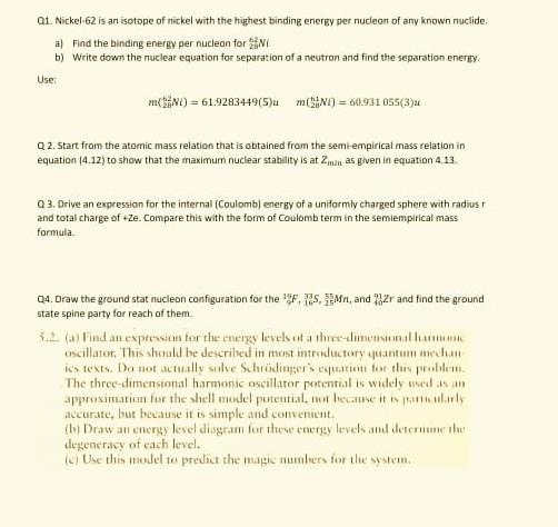 Solved Q1. Nickel- 62 is an isotope of nickel with the | Chegg.com