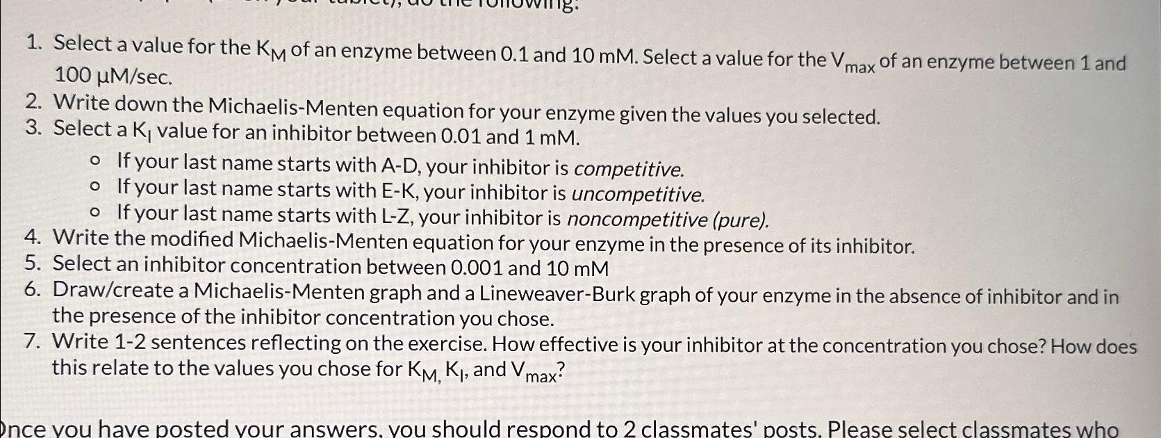 Solved Select a value for the KM ﻿of an enzyme between 0.1 | Chegg.com