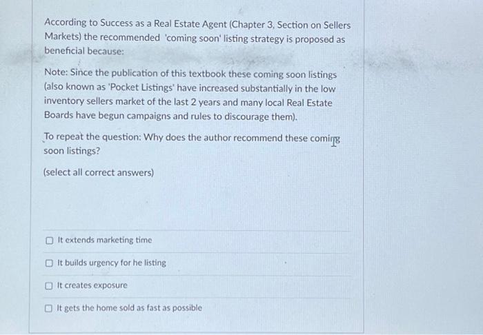 Solved According to Success as a Real Estate Agent (Chapter | Chegg.com