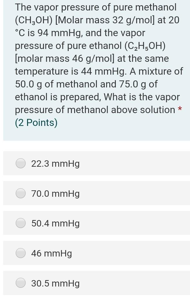 Solved The vapor pressure of pure methanol (CH3OH) [Molar | Chegg.com