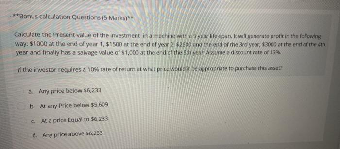 Solved **Bonus calculation Questions (5 Marks)** Calculate | Chegg.com