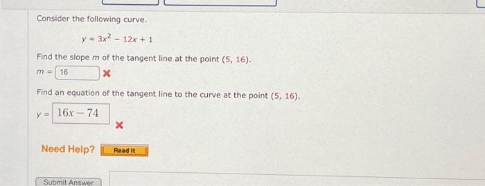 Solved Consider the following curve. y = 3x² - 12x + 1 Find | Chegg.com
