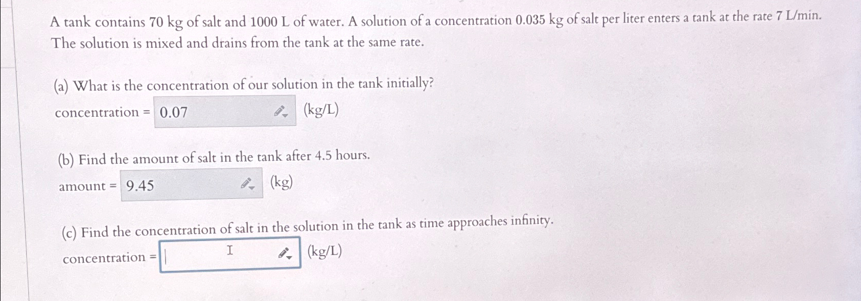 Solved A Tank Contains 70kg ﻿of Salt And 1000l ﻿of Water A
