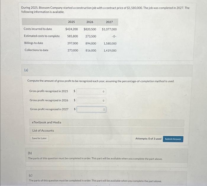 Solved During 2025, Blossom Company started a construction | Chegg.com