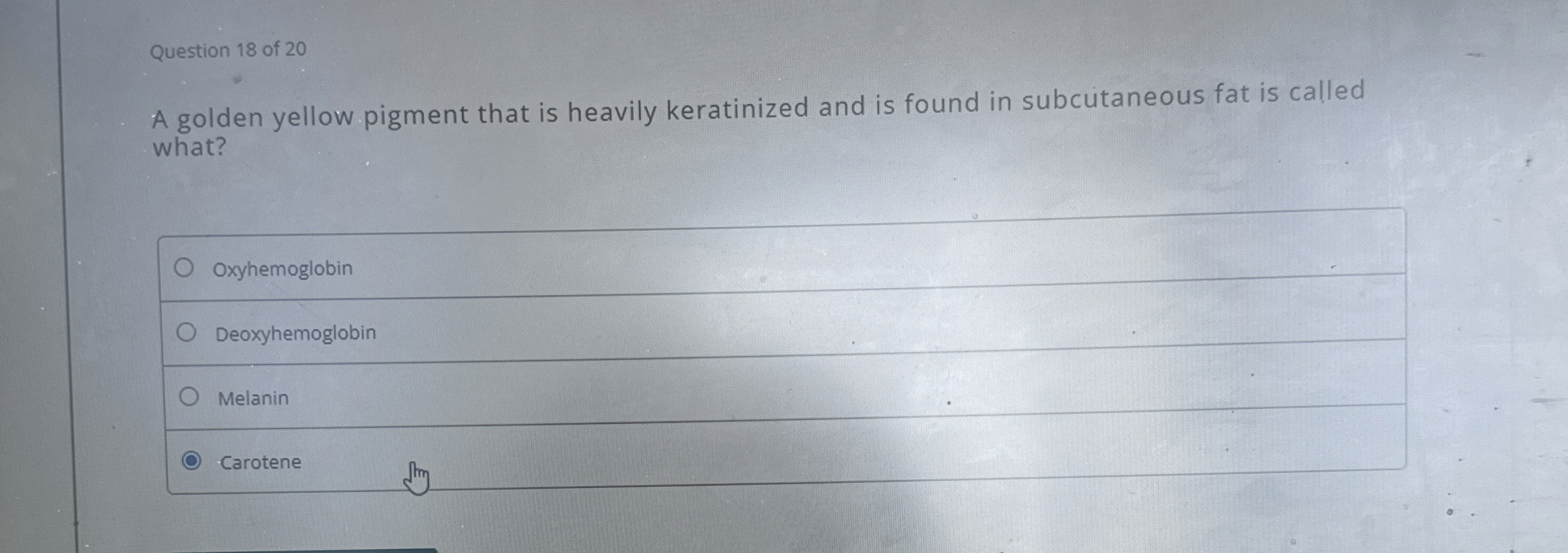 Solved Question 18 ﻿of 20A golden yellow pigment that is | Chegg.com
