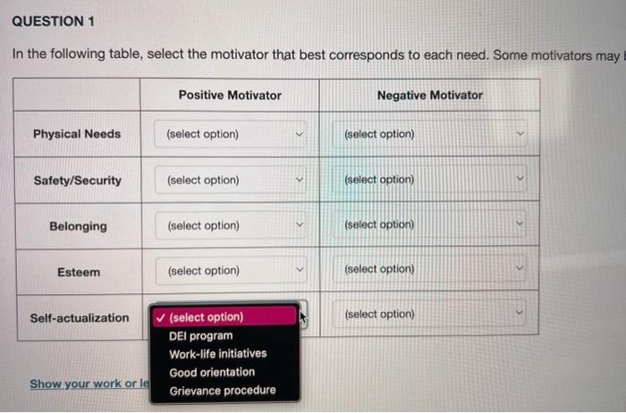 Solved In the following table, select the motivator that | Chegg.com