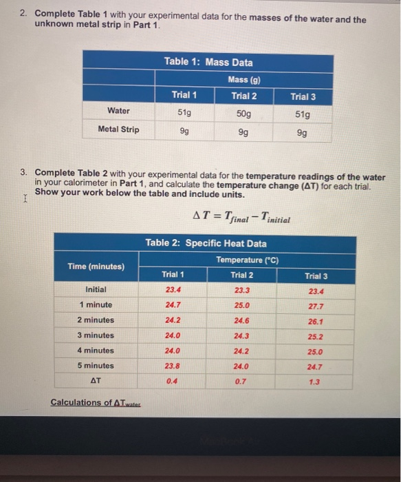 Solved 2. Complete Table 1 with your experimental data for | Chegg.com