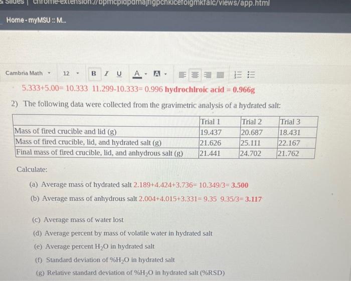 Solved Calculate: (a) Average mass of hydrated salt | Chegg.com