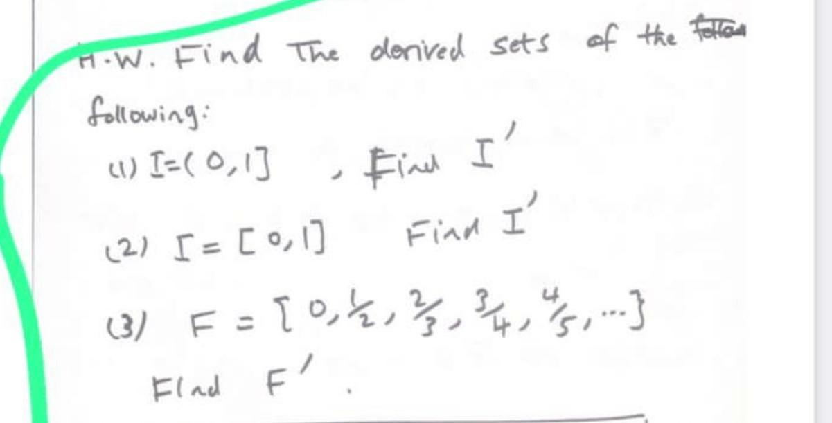 Solved H.W. Find the derived sets of the fotain following: | Chegg.com