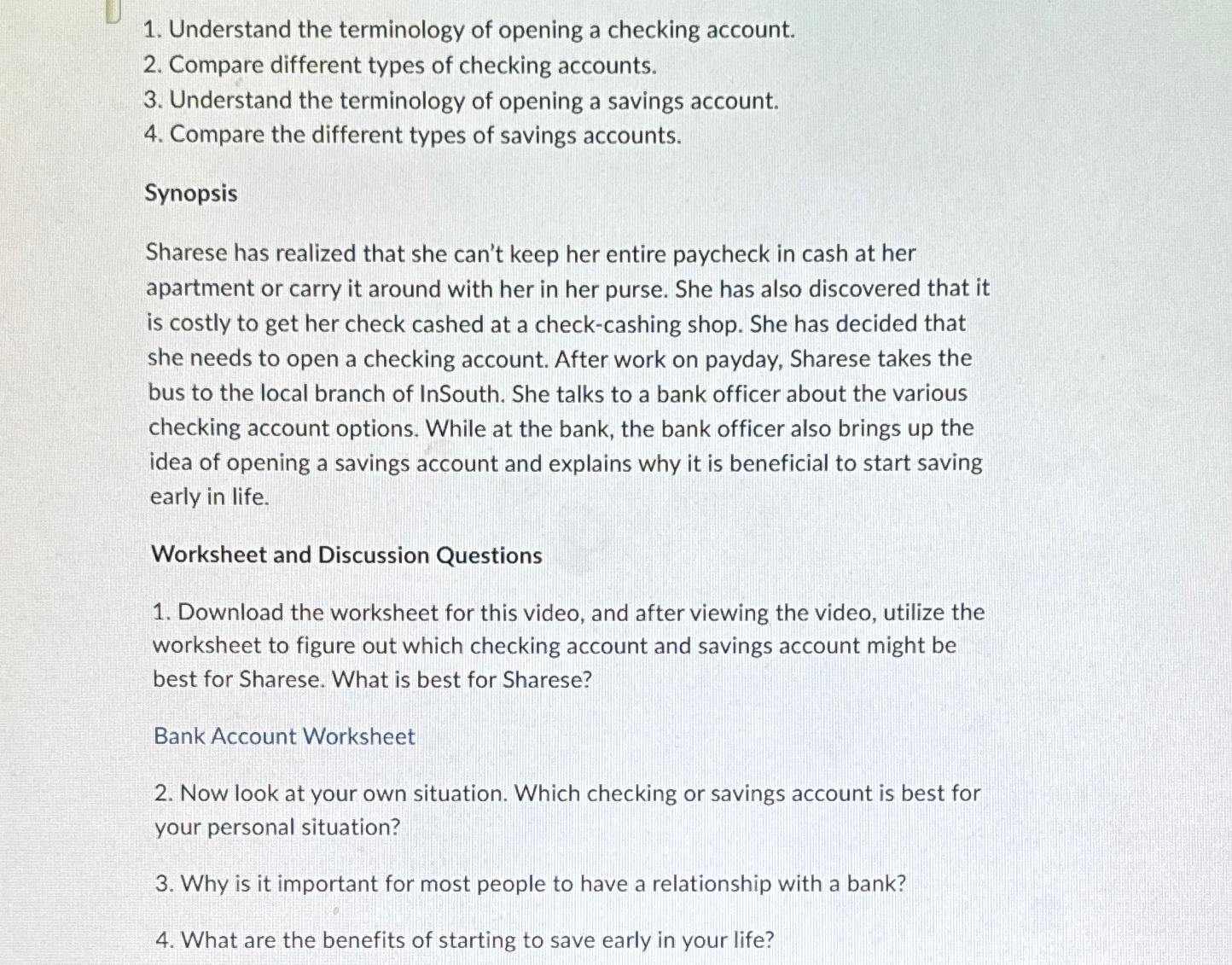 Solved Understand the terminology of opening a checking | Chegg.com