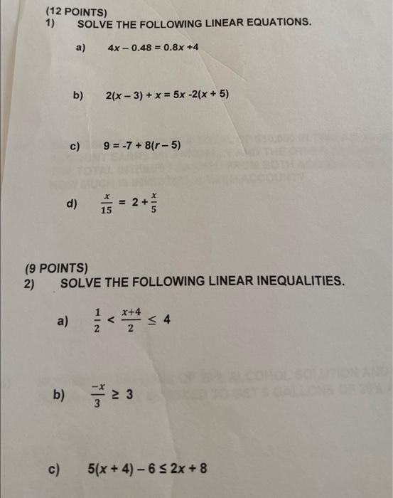 Solved (12 POINTS) 1) SOLVE THE FOLLOWING LINEAR EQUATIONS. | Chegg.com