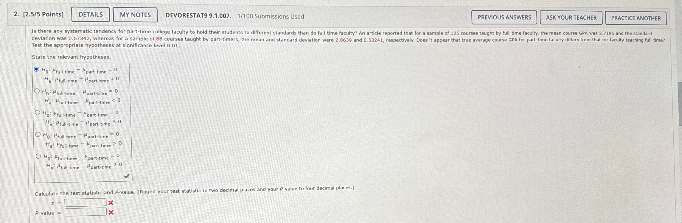 Solved [2.5/5 ﻿Points]DEVORESTAT9 9.1.007. 1/100 | Chegg.com