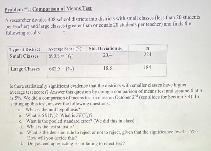 Solved Problem #1: Comparison of Means Test A researcher | Chegg.com