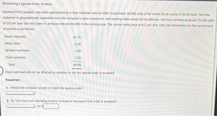 Solved Structuring a Special-Order Problem Harrison Ford | Chegg.com