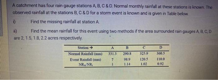 Solved catchment has four rain gauge stations A, B, C & D. | Chegg.com